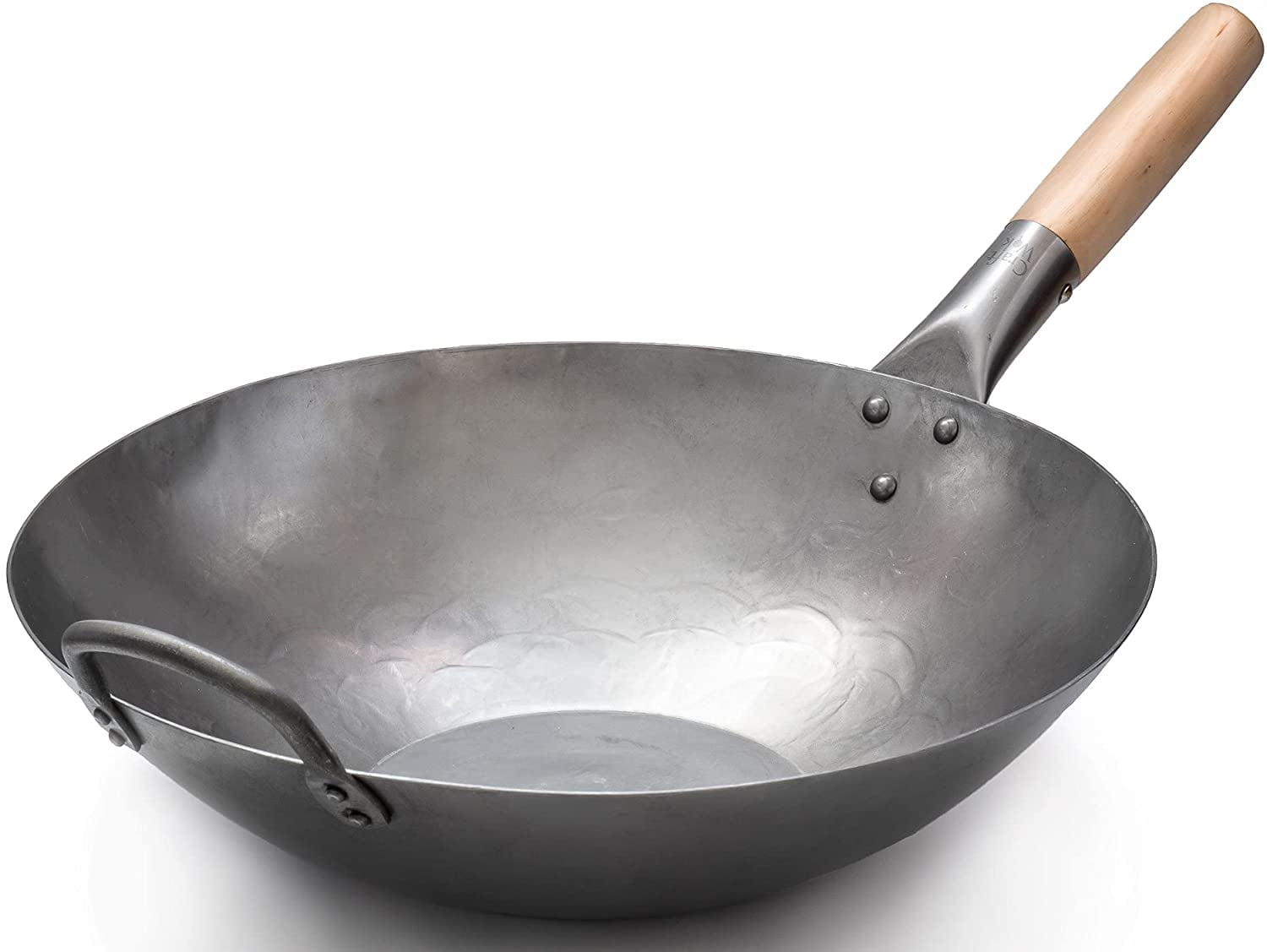 Flat Hand Hammered Carbon Steel Pow Wok with Wooden and Steel Helper ...