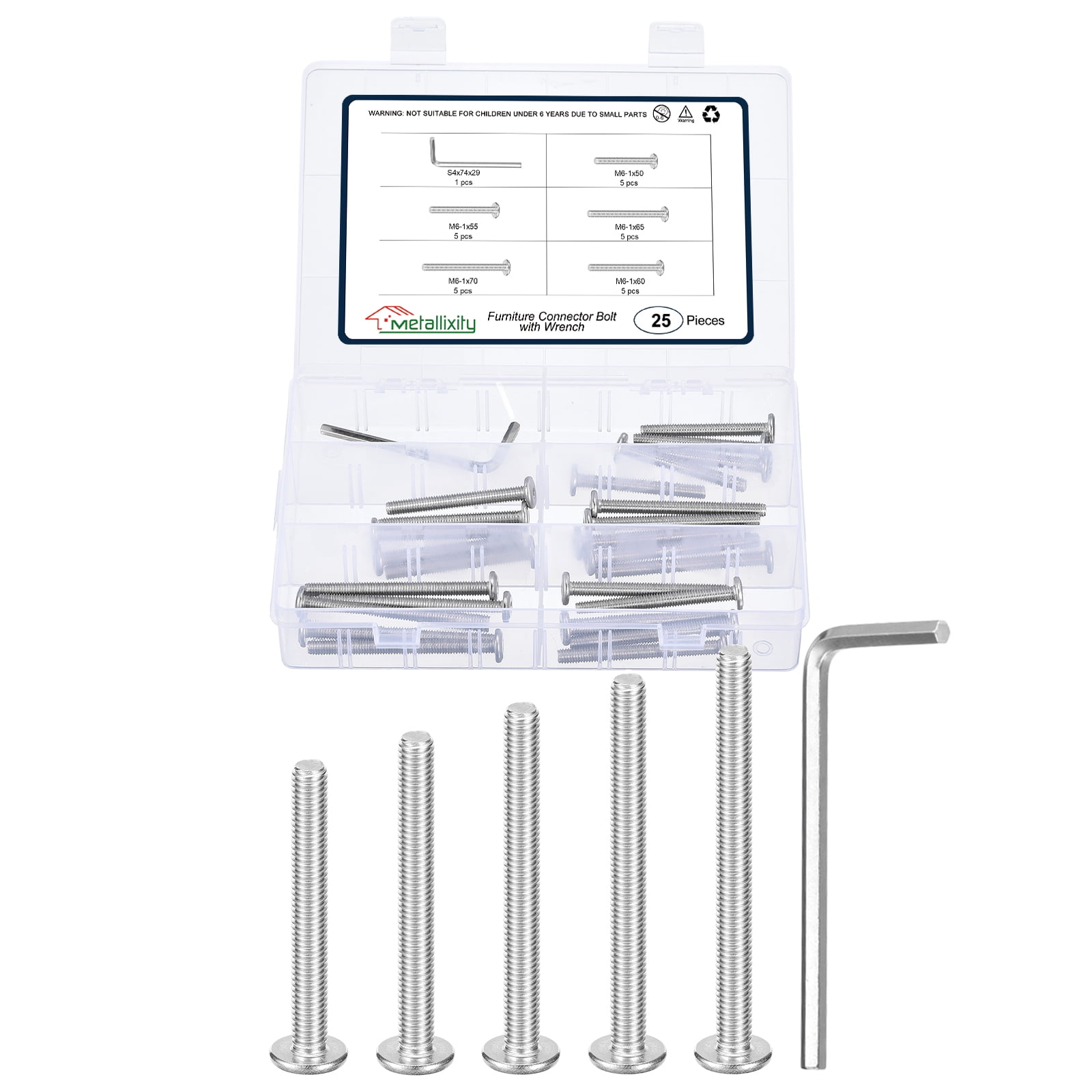 Flat Head Hex Socket Cap Screws Bolts(M6-1x50/55/60/65/70) 25Pcs, with Wrench Steel Hex Socket ...