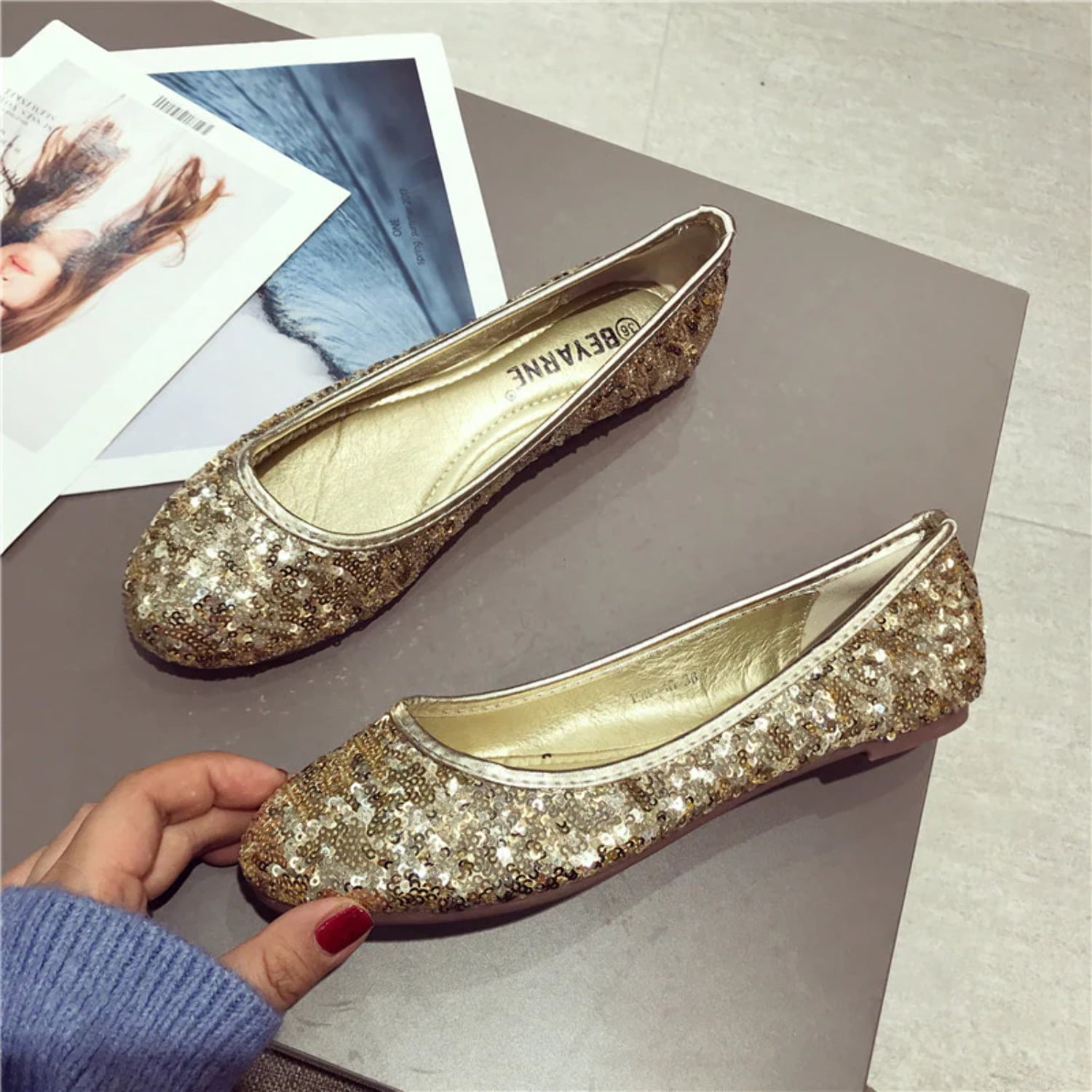 Flat Heel Comfortable Sequins Shiny Pumps - Walmart.com