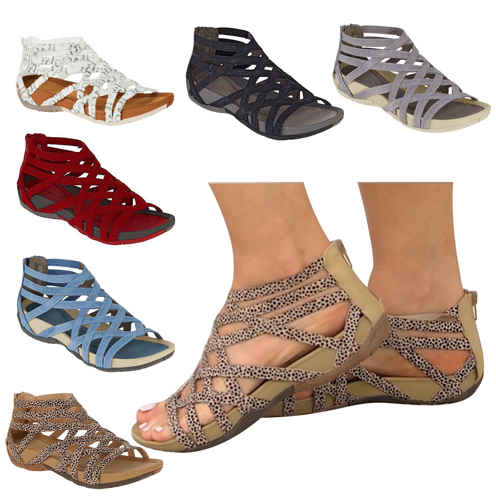 Flat Lace Open-toe Women's Shoes With Zipper Roman Women's Sandals ...