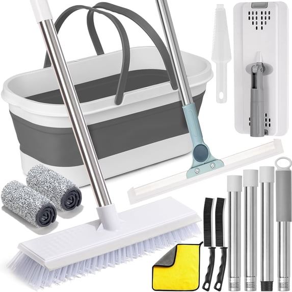 Flat Mop and Bucket Set with Floor , Heavy Duty Scrub Brush, 2 Washable ...