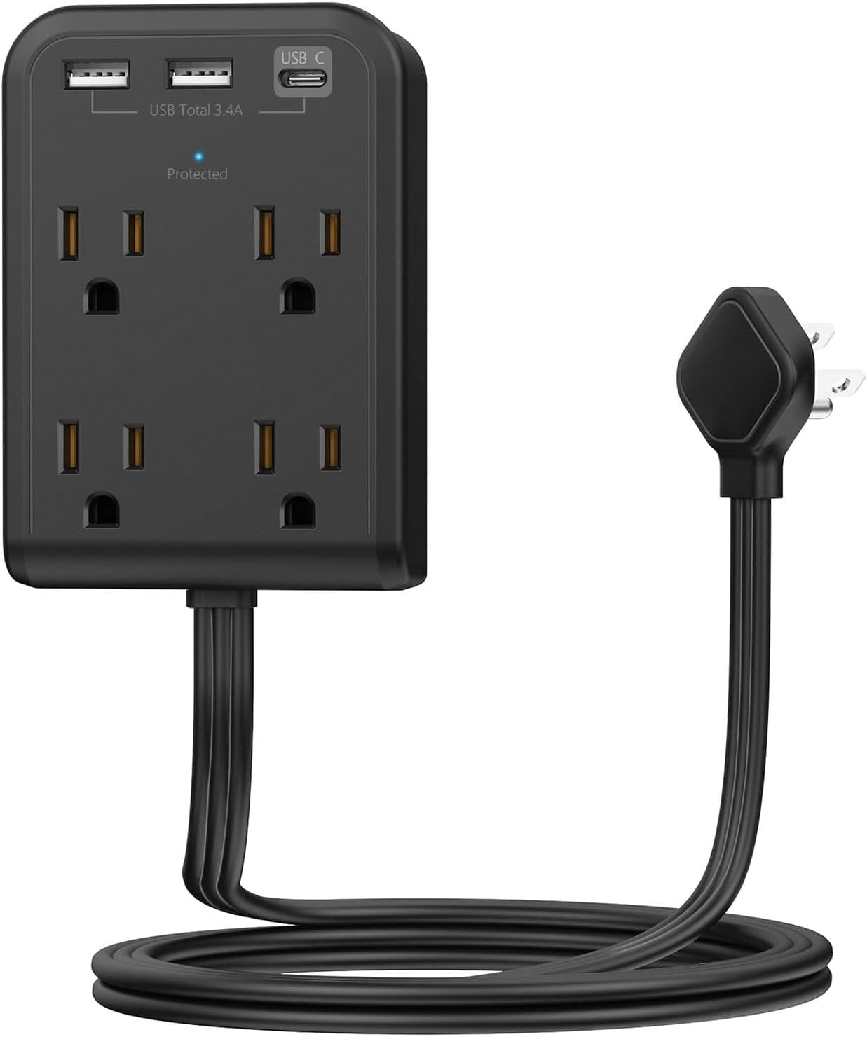 Flat Multi Plug Extender with 3 Wall (1 Type C), 4 Outlet Wall , 4 ft ...