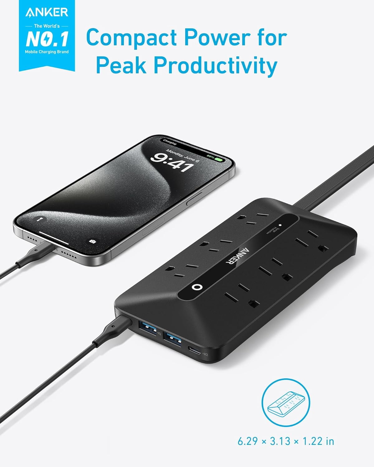 Anker 300J Flat Plug 10-in-1 Ultra Thin Power Strip with 6 AC - Walmart.com