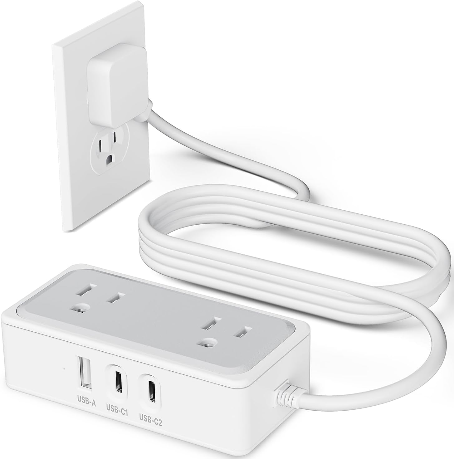 Flat Plug Power Strip, 4ft Round Extension Cord, 2 Outlets with 3 USB ...