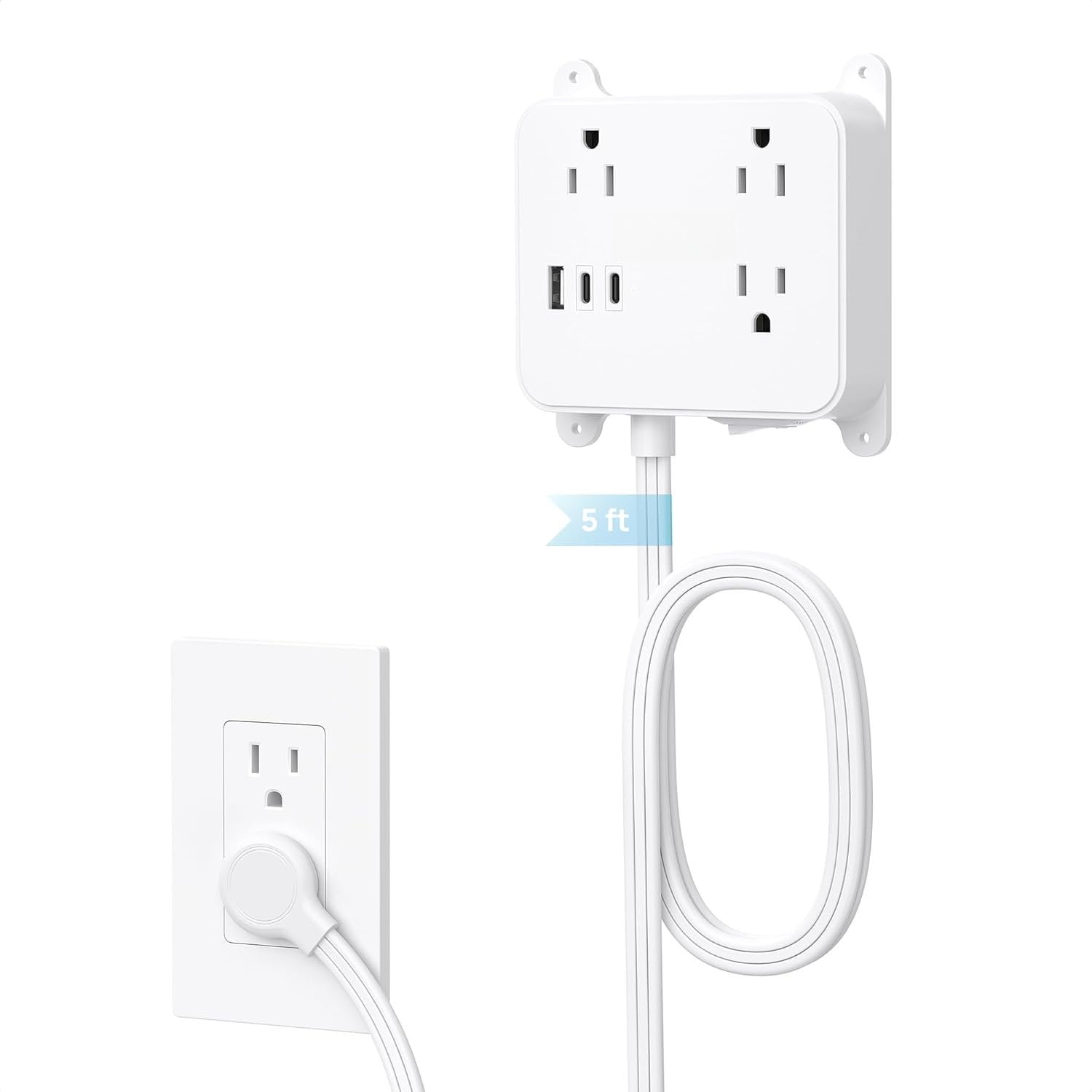 Flat Plug Power Strip, 5FT Thin Flat Extension Cord with 3 AC Outlets ...