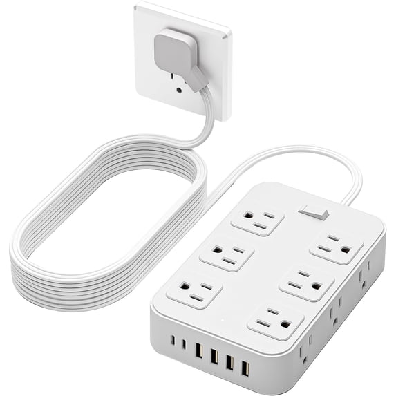Flat Plug Power Strip Surge Protector with 12 AC Outlets 6 Ports 3 Side ...