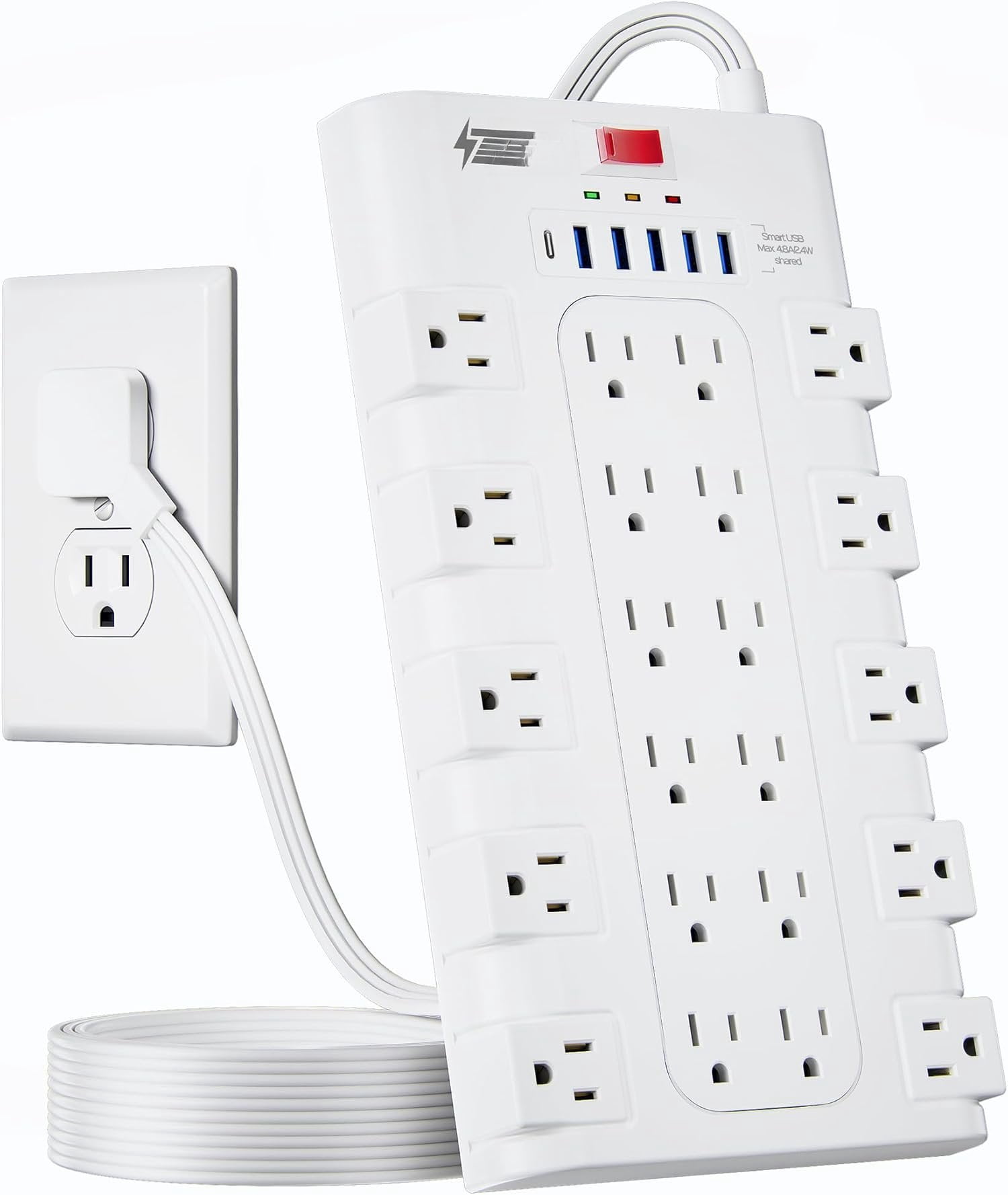 Flat Plug Power Strip, Surge Protector with 22 AC Outlets and 6 Ports ...