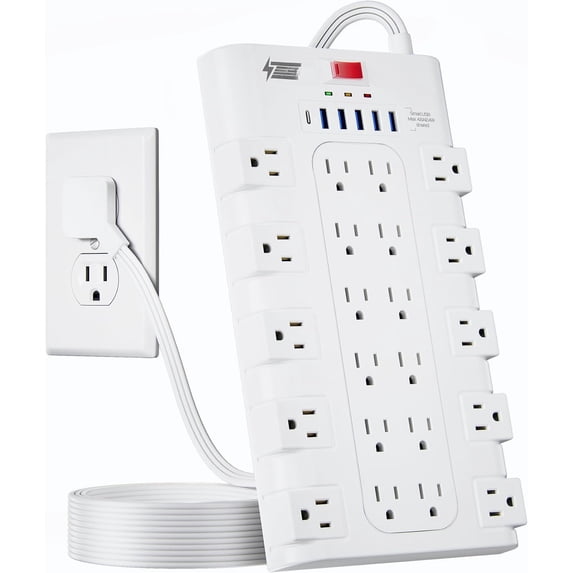 Flat Plug Power Strip, Surge Protector with 22 AC Outlets and 6 Ports ...