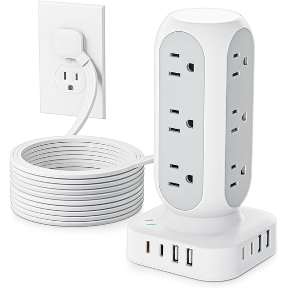 Flat Plug Power Strip Tower 10FT, 40W Total Fast Charging Station, Dual ...
