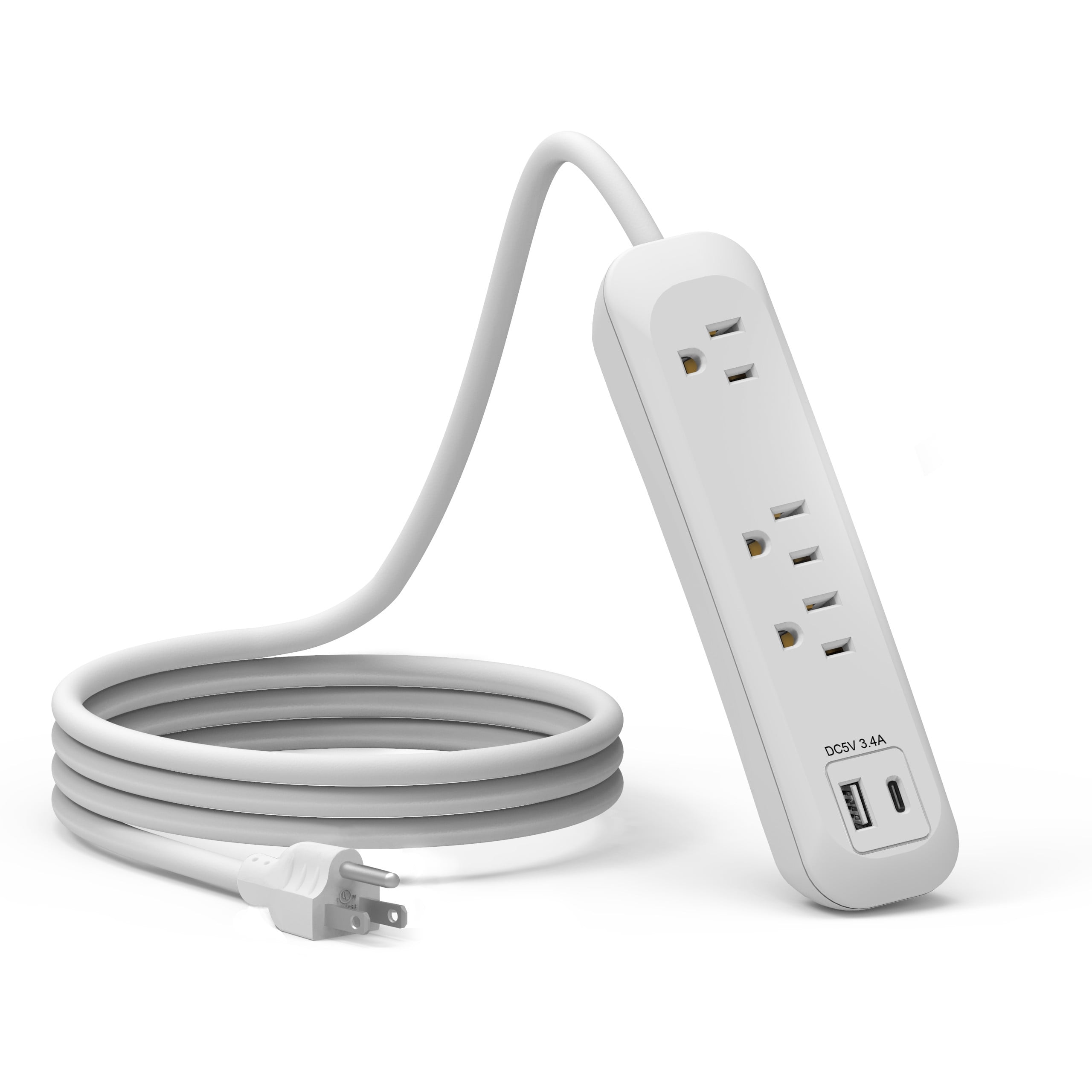 Flat Plug Power Strip, White Extension Cord 3 Feet 3 Prong, 3 outlets ...