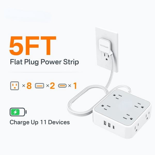 Flat Plug Surge Protector Power Strip, 30W Fast Charging Station, 5FT ...