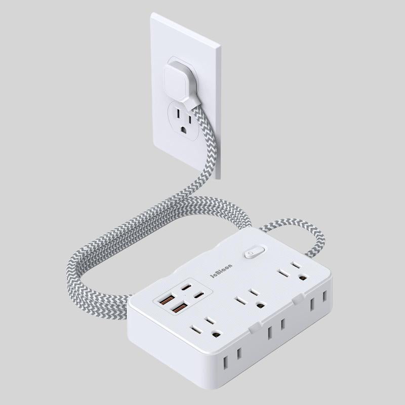 Flat Plug Surge Protector Power Strip, 5FT Braided Flat Extension Cord ...