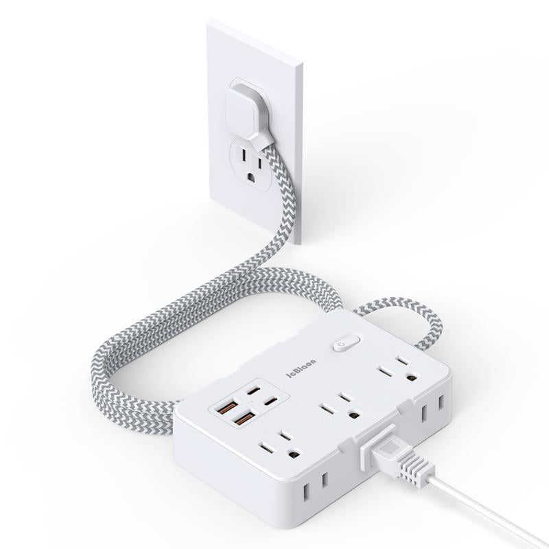 Flat Plug Surge Protector Power Strip, 5Ft Braided Flat Extension Cord ...