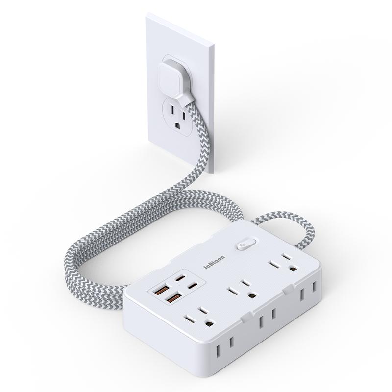 Flat Plug Surge Protector Power Strip, Braided Flat Extension Cord with ...