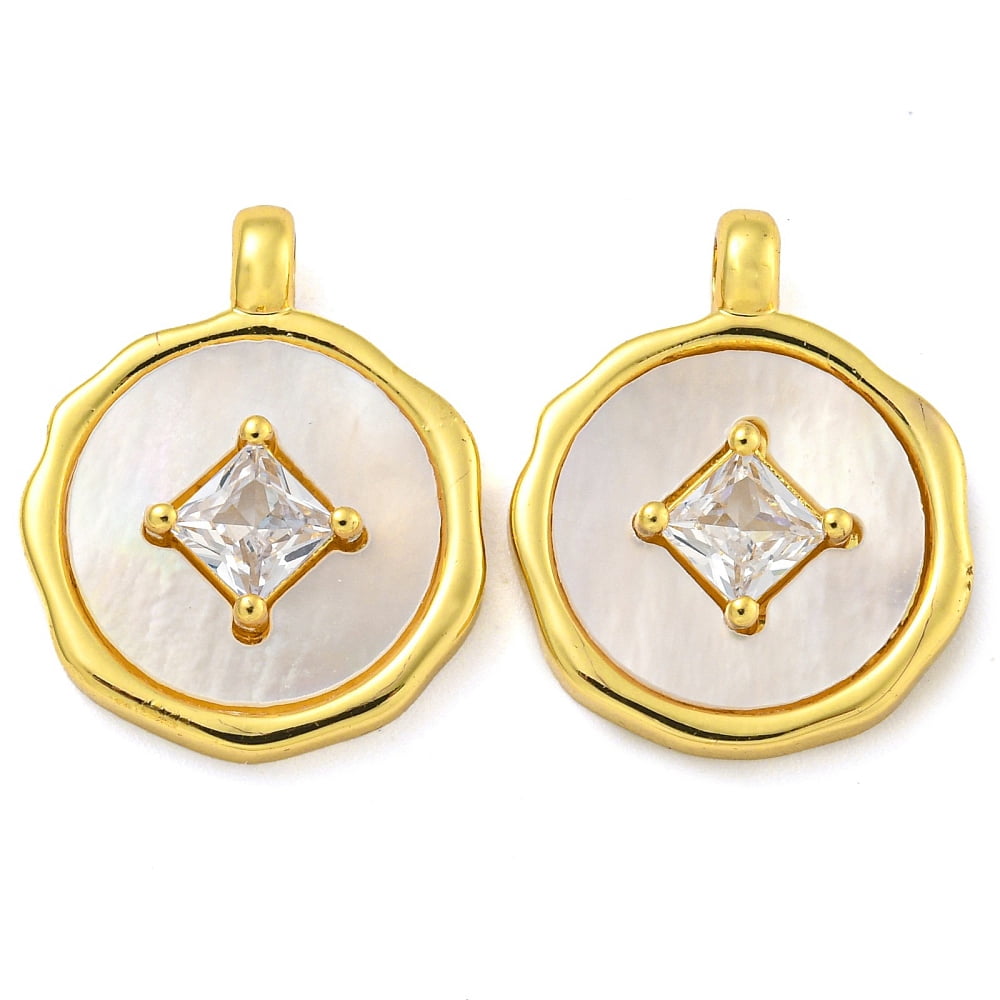 Flat Round Coin Shape Brass Cubic Zirconia Pendants with Shell Real 18K ...