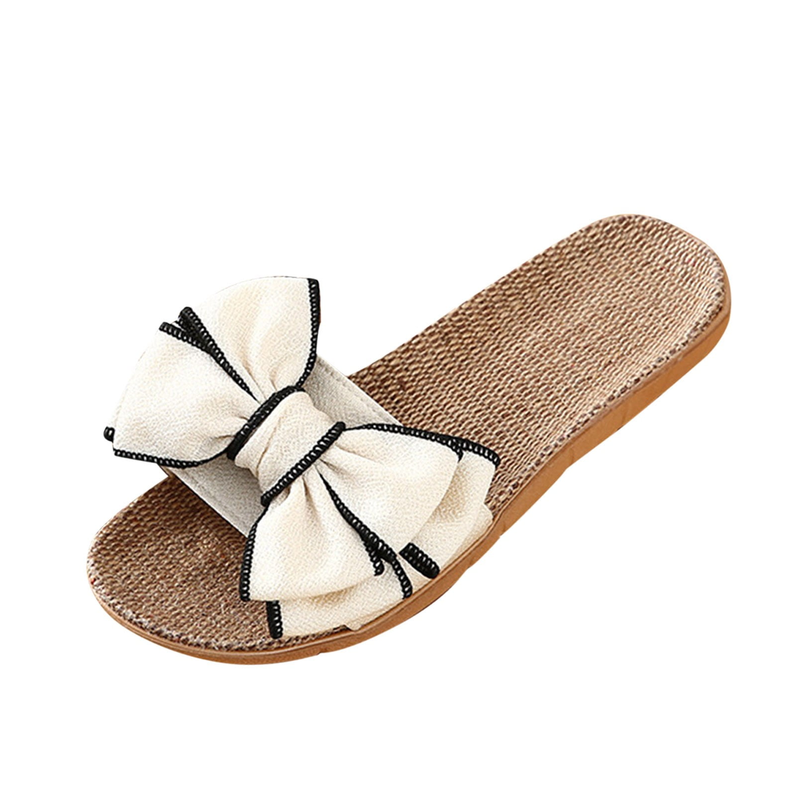 Flat Sandals for Women Linen Weave Slide Shoes Bow Knot Arch Support ...