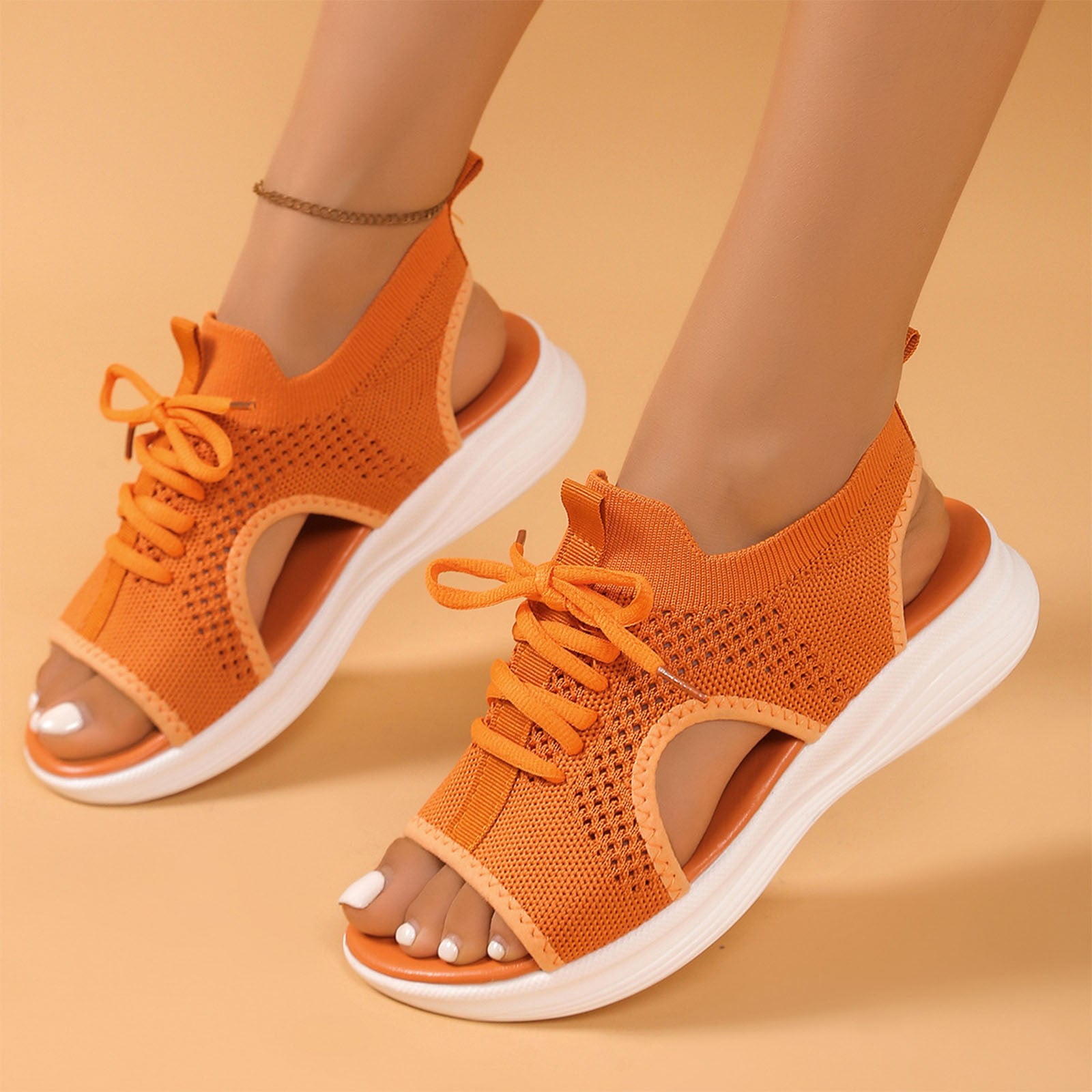 Flat Sandals for Women Summer Soft Knitted Shoes Lace-up Hiking Sandals ...
