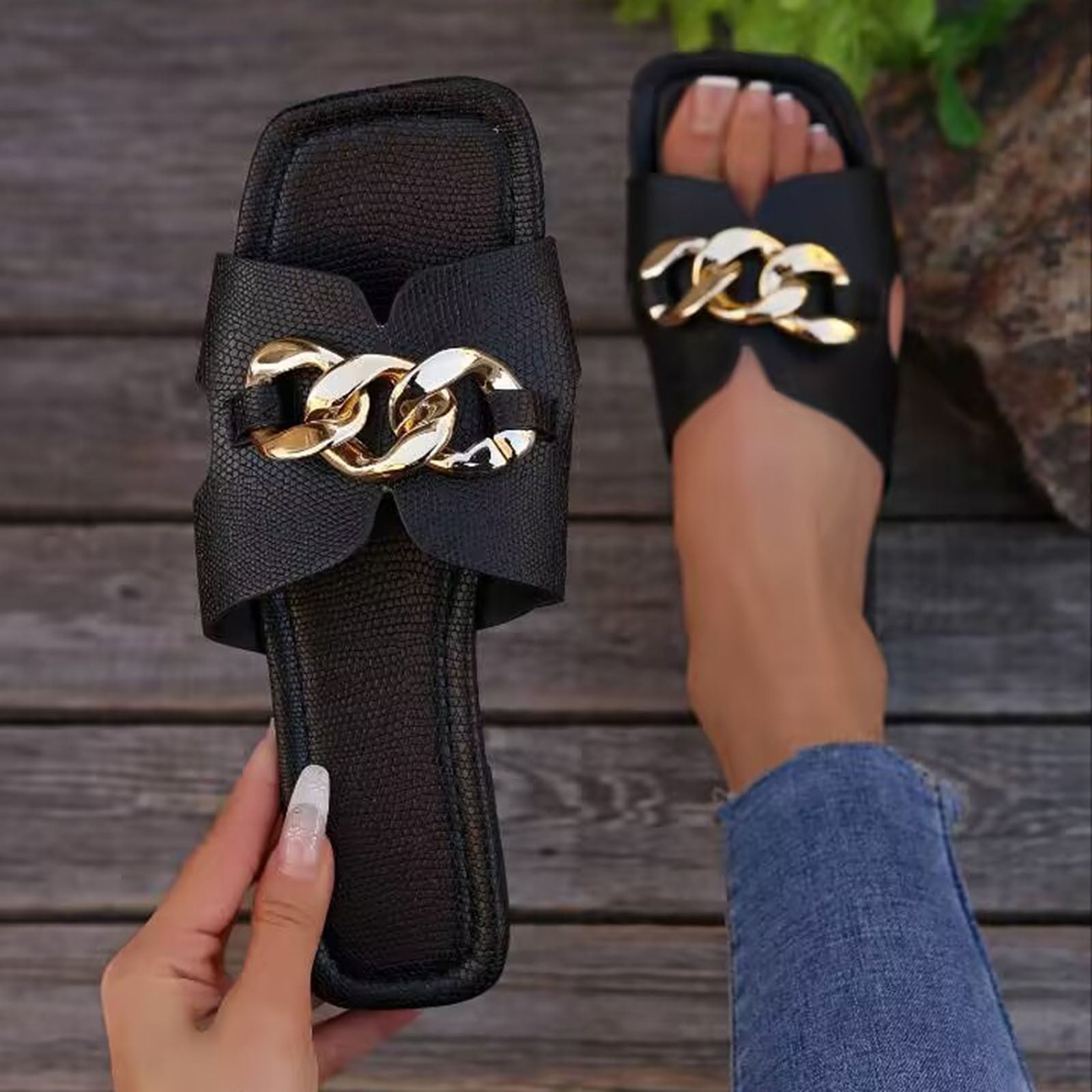 Flat Sandals for Women Wide Width Leather Slides Summer Dressy Beach ...