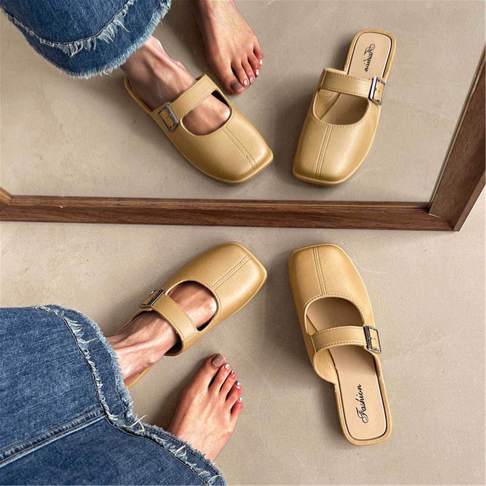 Flat Sandals for Women Wide Width Summer Slides Clearance Buckle Slip ...