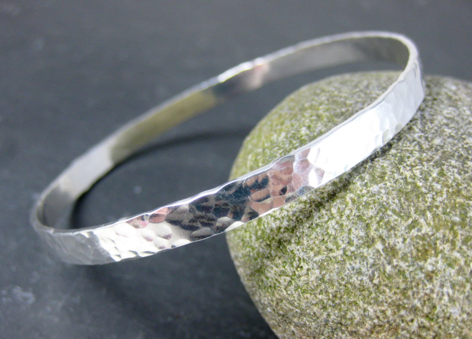 Flat Sterling Silver Bangle Bracelet, 5mm Wide Hammered Silver Bracelet, Simple Bracelet ...