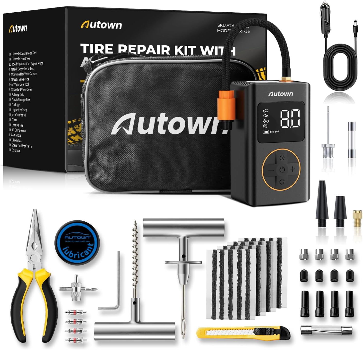 Flat Tire Repair Kit with Air Compressor 54 Pieces for Car, Motorcycle ...