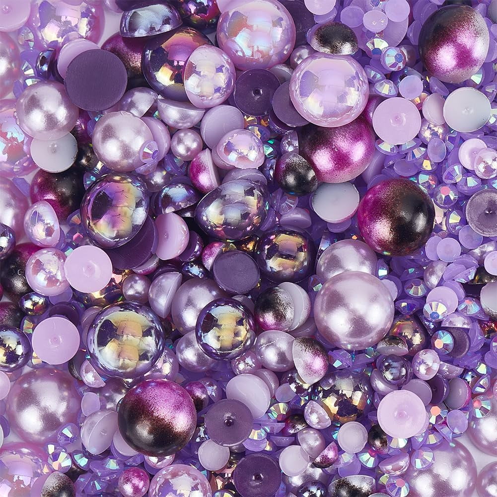 Flatback Pearls and Rhinestones Set Purple 3mm-10mm Mixed Size Half ...
