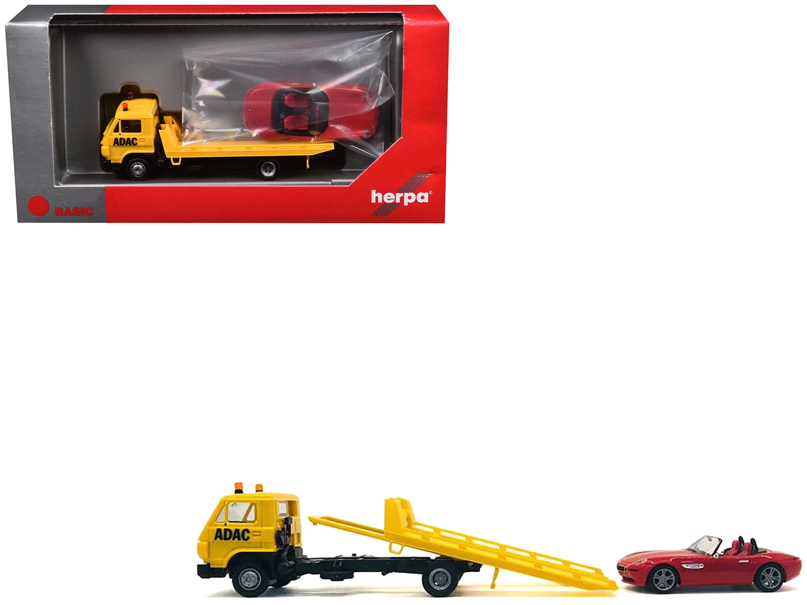 Flatbed Tow Truck "ADAC" Yellow and BMW Z4 Convertible Red Set of 2 ...