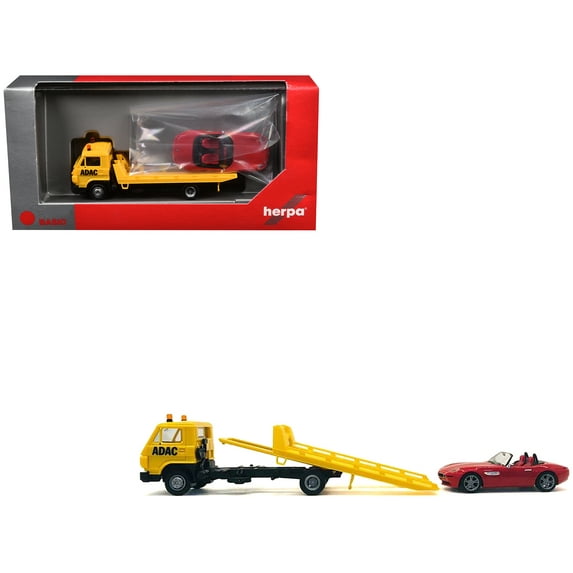 Flatbed Tow Truck "ADAC" Yellow and BMW Z4 Convertible Red Set of 2 ...