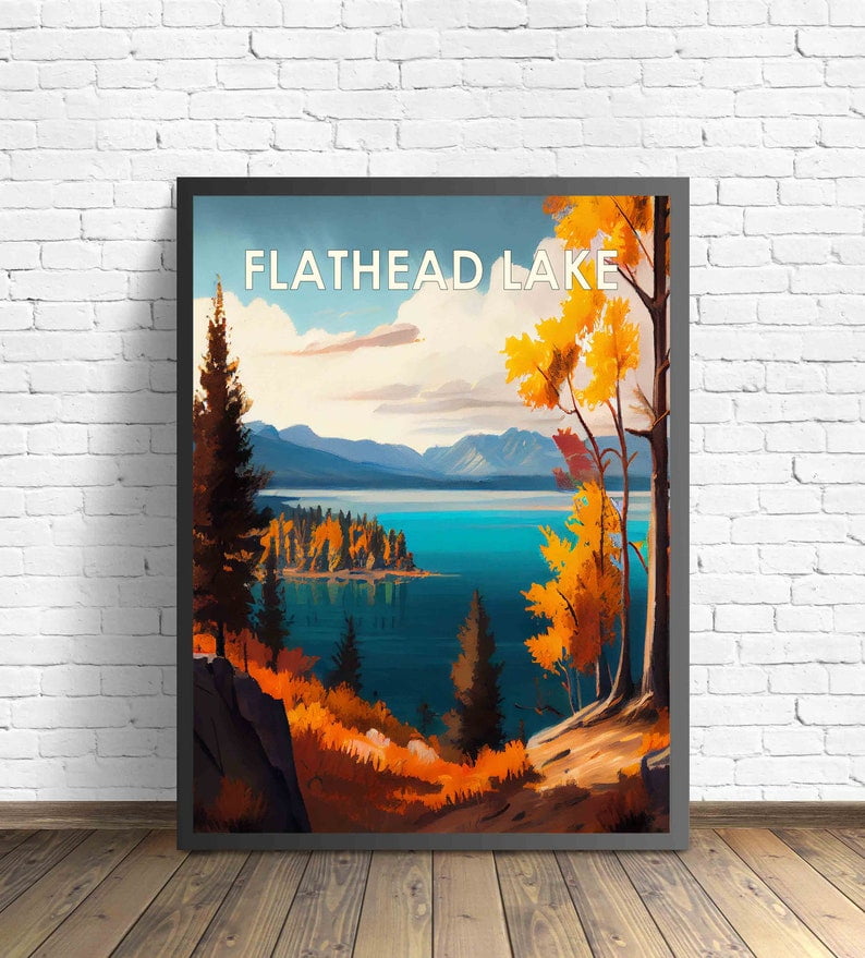 Flathead Lake Retro Poster – Vintage 1960s Lake Wall Art Design ...