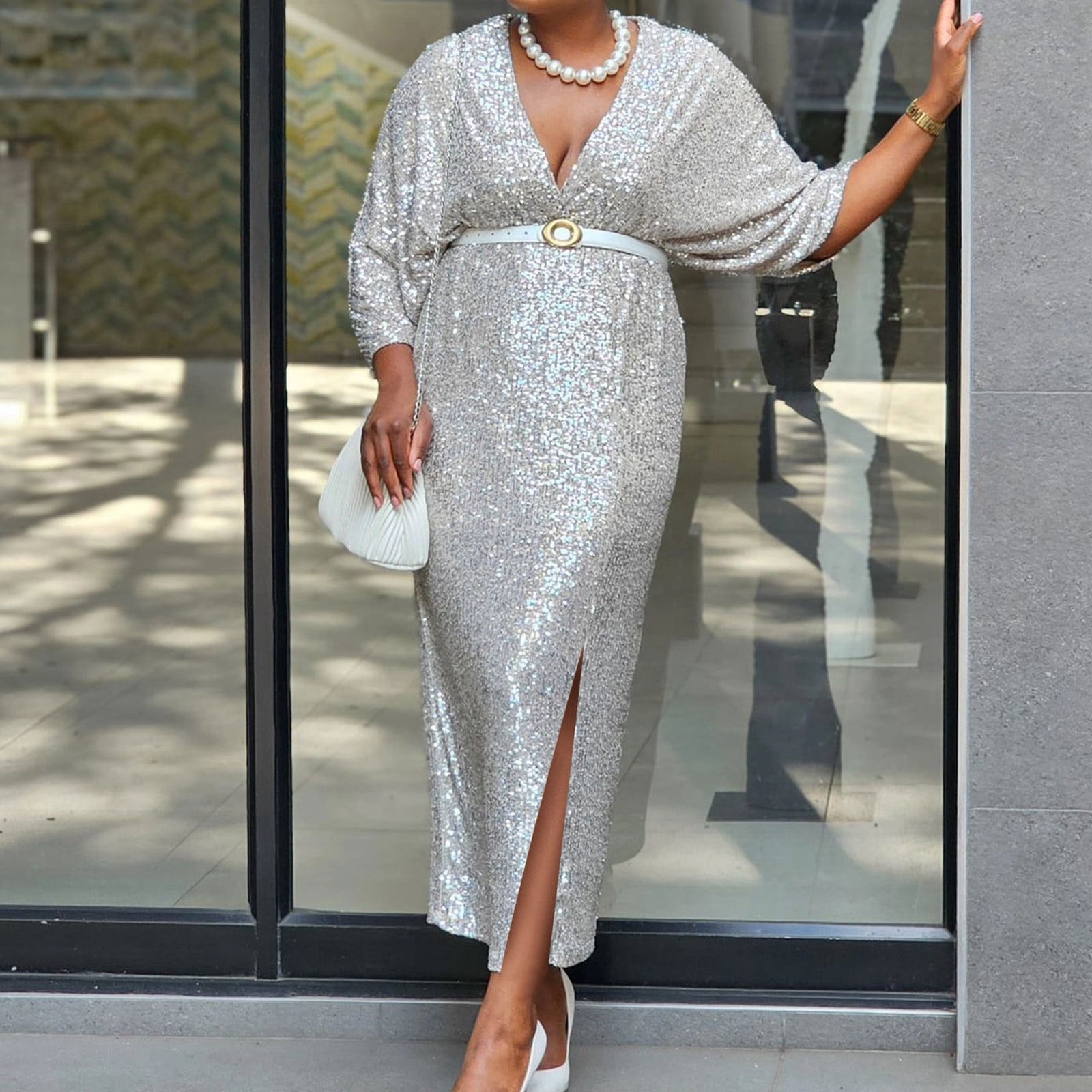 Flattering Plus Size V Neck Sequin Dress For Women Stylish And Sexy ...