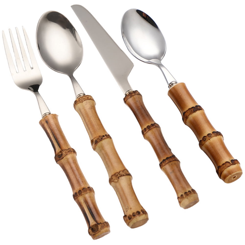 Qinfelern1 Silverware Set, Bamboo Wooden Handles, Stainless Steel ...