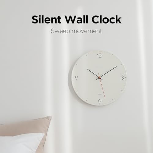 Flatwood Wall Clock,12" Non-Ticking Sweep Movement Decorative Battery ...