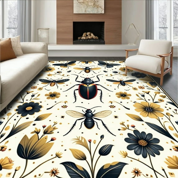 Flatwoven High Traffic Area Rug, Abstract Beetle & Floral, Non Slip ...