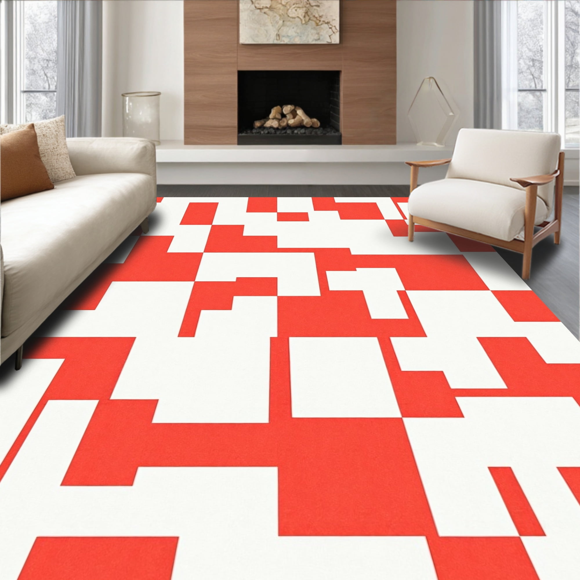 Flatwoven High Traffic Area Rug, Abstract Checkered Layout Featuring ...