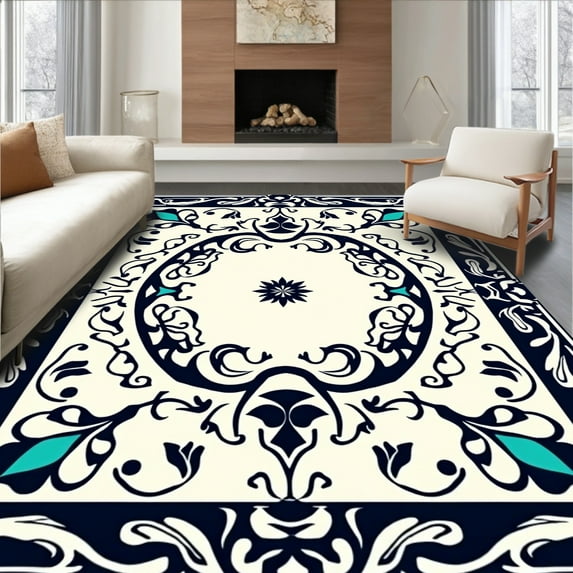 Flatwoven High Traffic Area Rug, Abstract Floral Medallion Motif, Non ...
