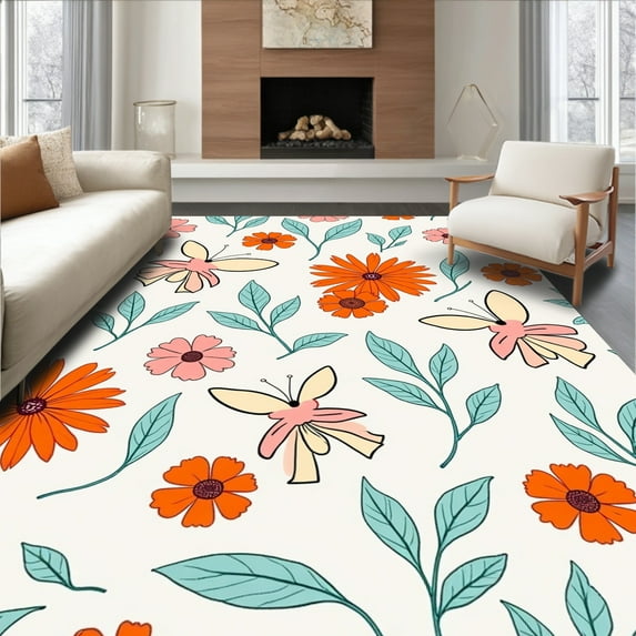 Flatwoven High Traffic Area Rug, Abstract Fluttering Insect Garden with ...