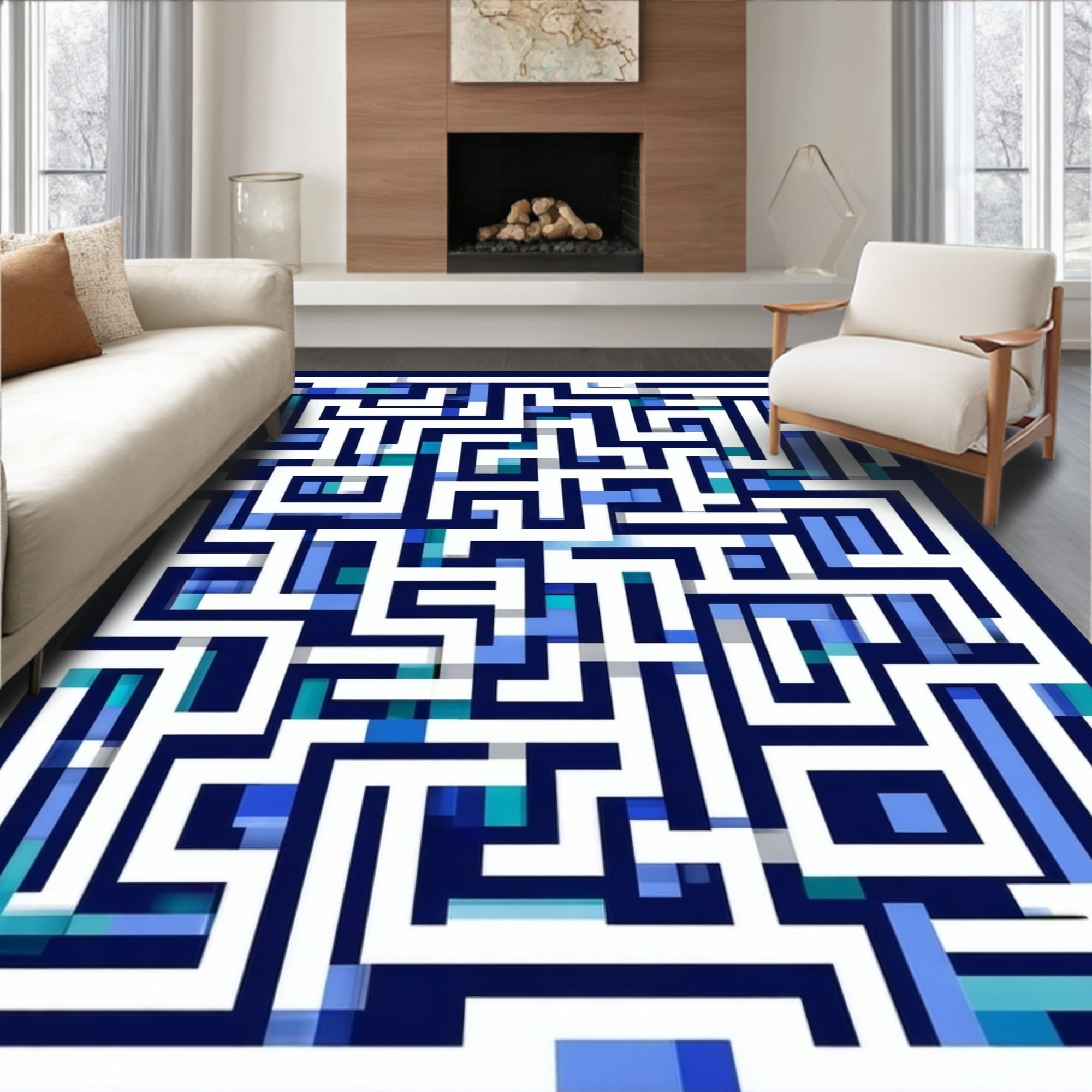 Flatwoven High Traffic Area Rug, Abstract Linear Maze with Interwoven ...