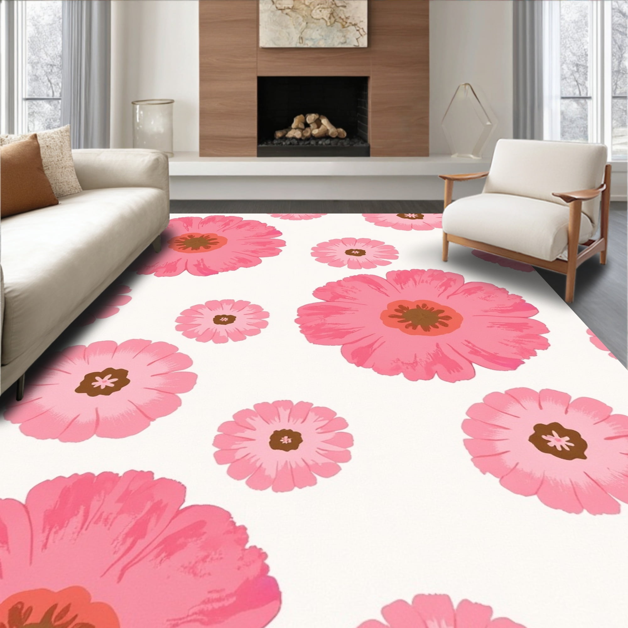 Flatwoven High Traffic Area Rug, Abstract Pink Blossom Design, Non Slip ...