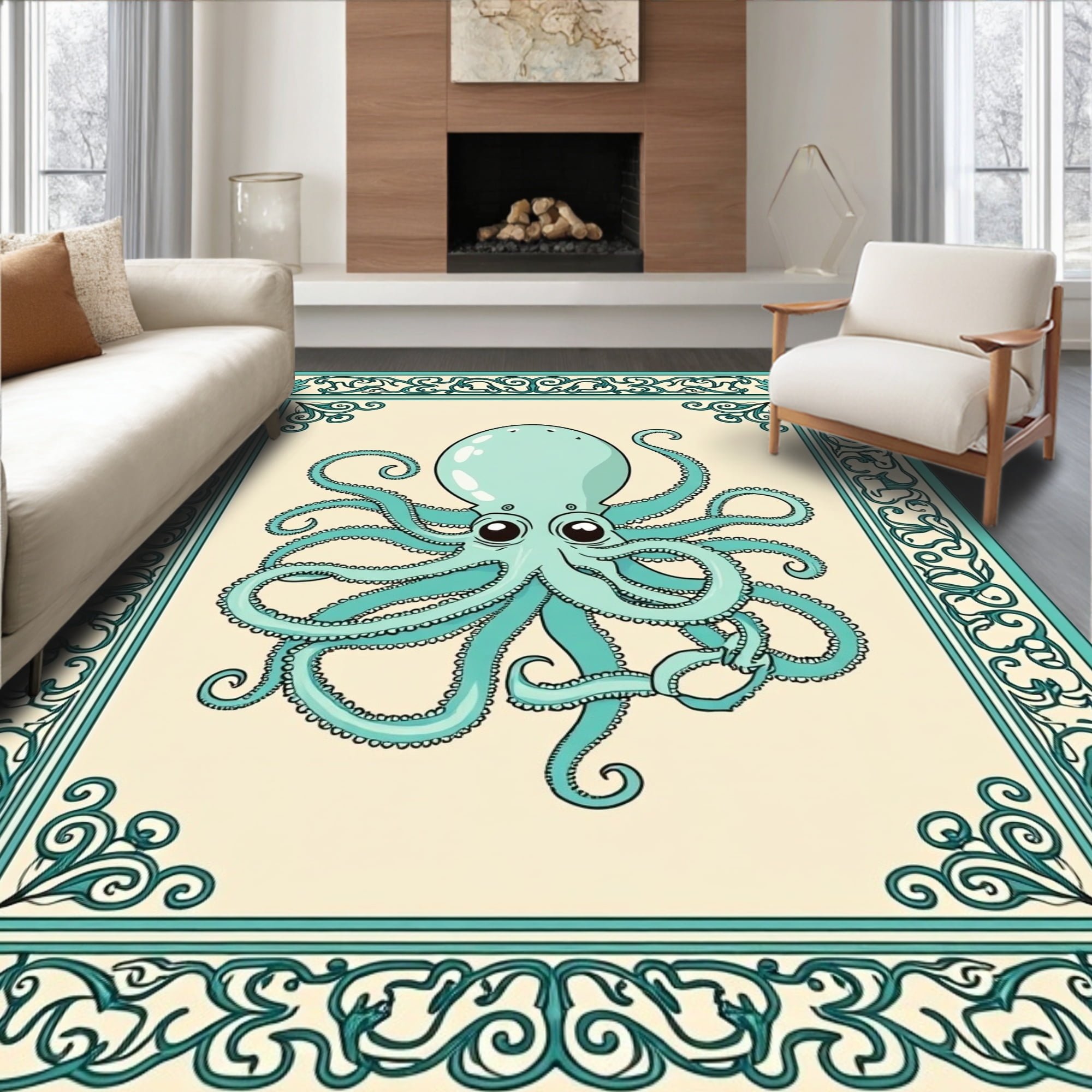 Flatwoven High Traffic Area Rug, Antique Style Octopus with Victorian ...