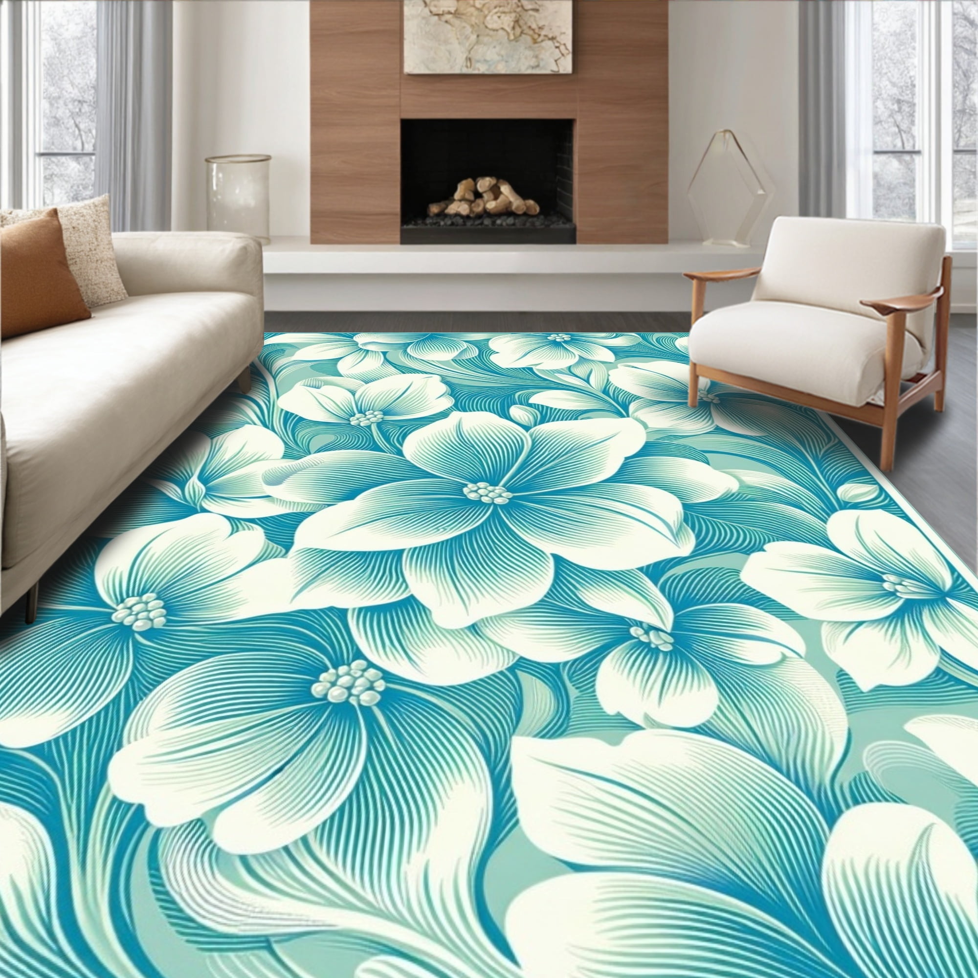Flatwoven High Traffic Area Rug, Aqua Bloom Round Abstract Floral Swirl ...