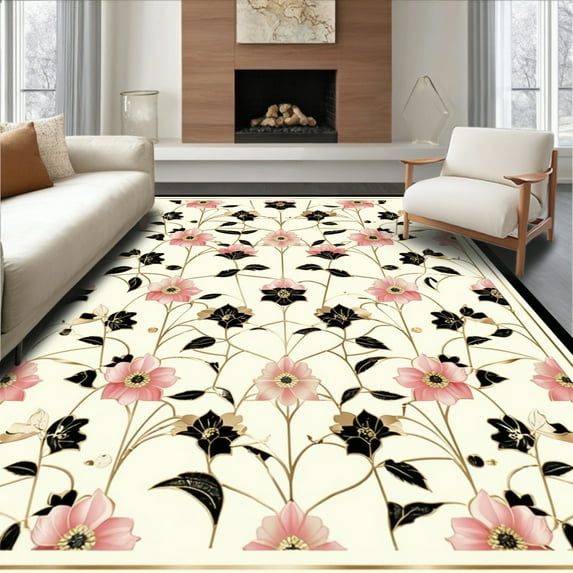 Flatwoven High Traffic Area Rug, Art Deco Blooms with Interlocking ...