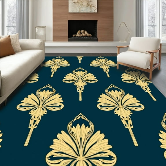 Flatwoven High Traffic Area Rug, Art Deco Fan Motif Circular Floor Mat ...