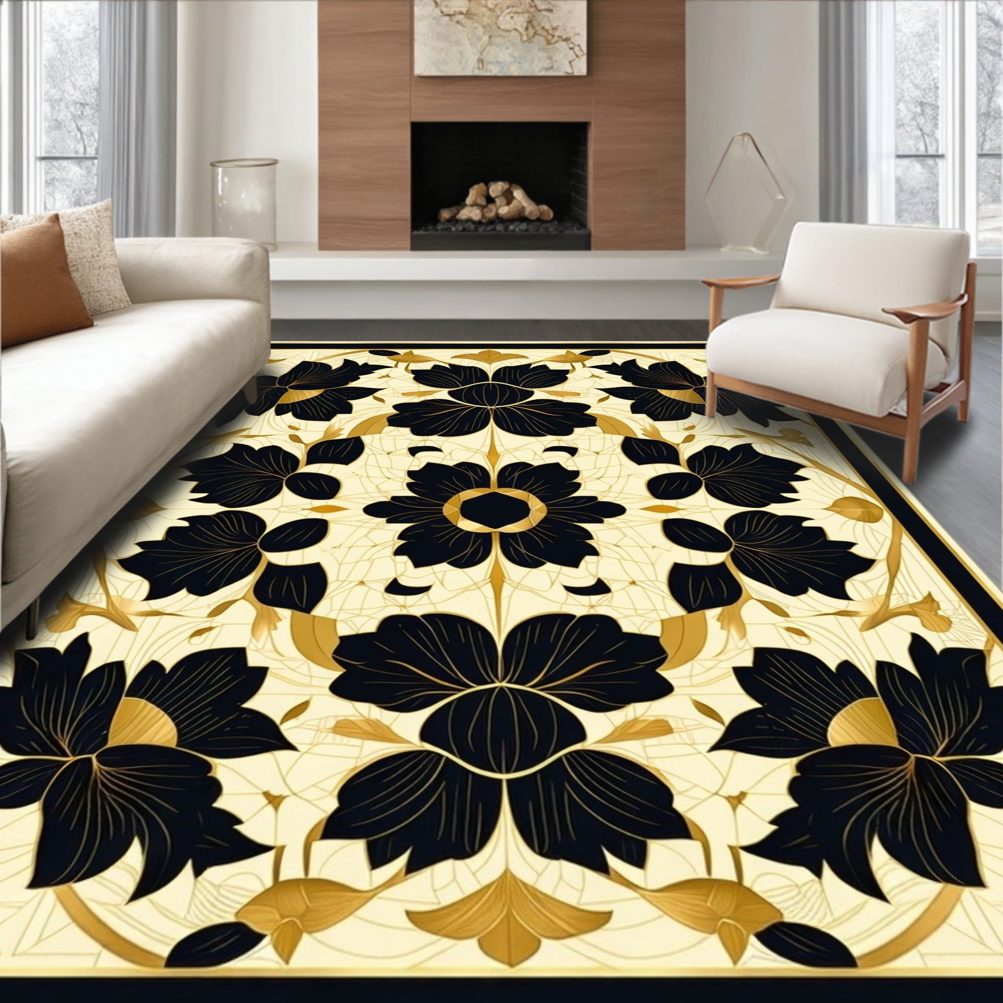 ODIKA 8'x10' Machine Washable Non-Slip Area Rug, Art Floral with Bold ...