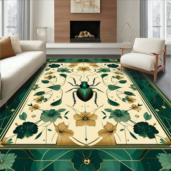 Flatwoven High Traffic Area Rug, Art Deco Insect Floral, Non Slip ...