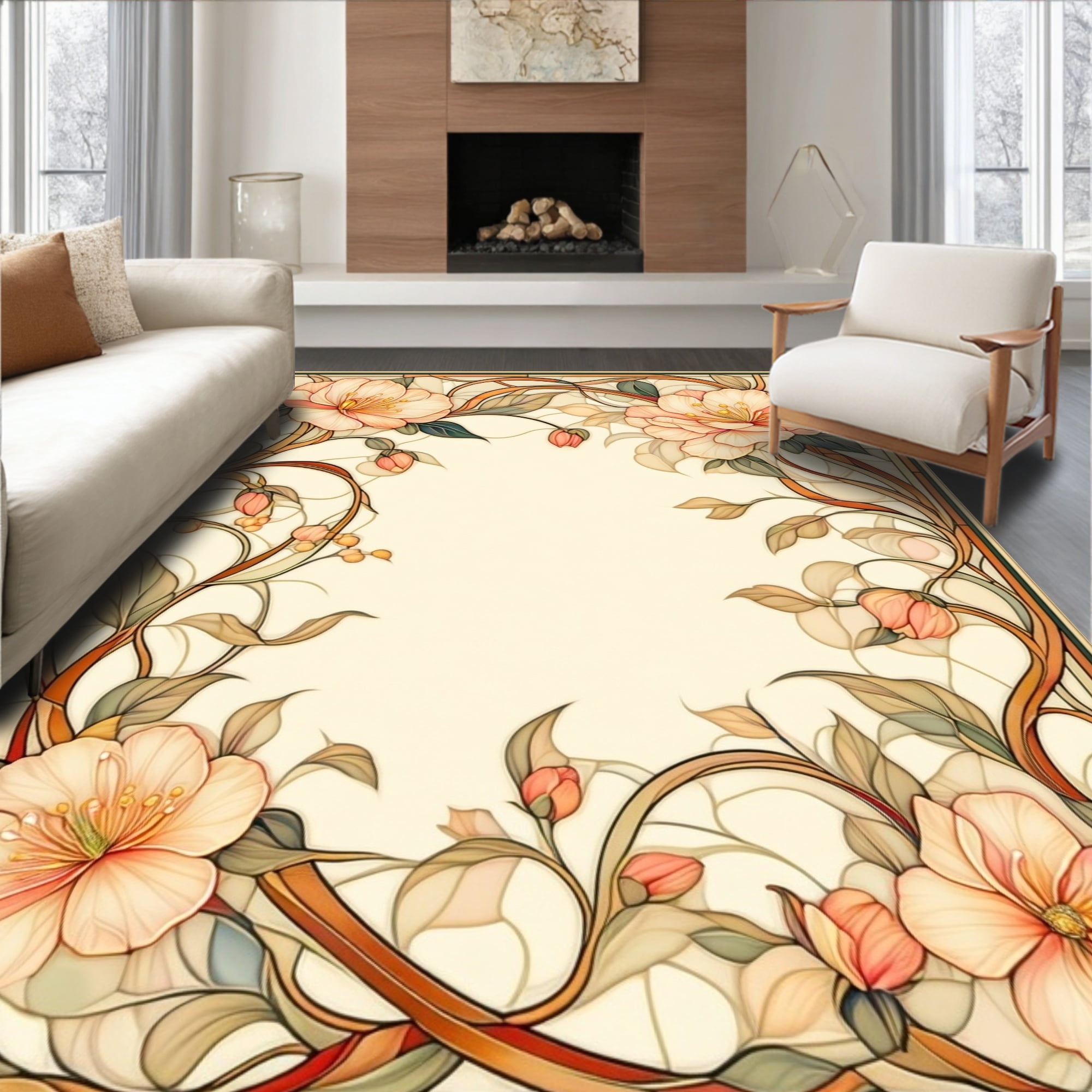 Flatwoven High Traffic Area Rug, Art Nouveau Blossom Array with Curved ...