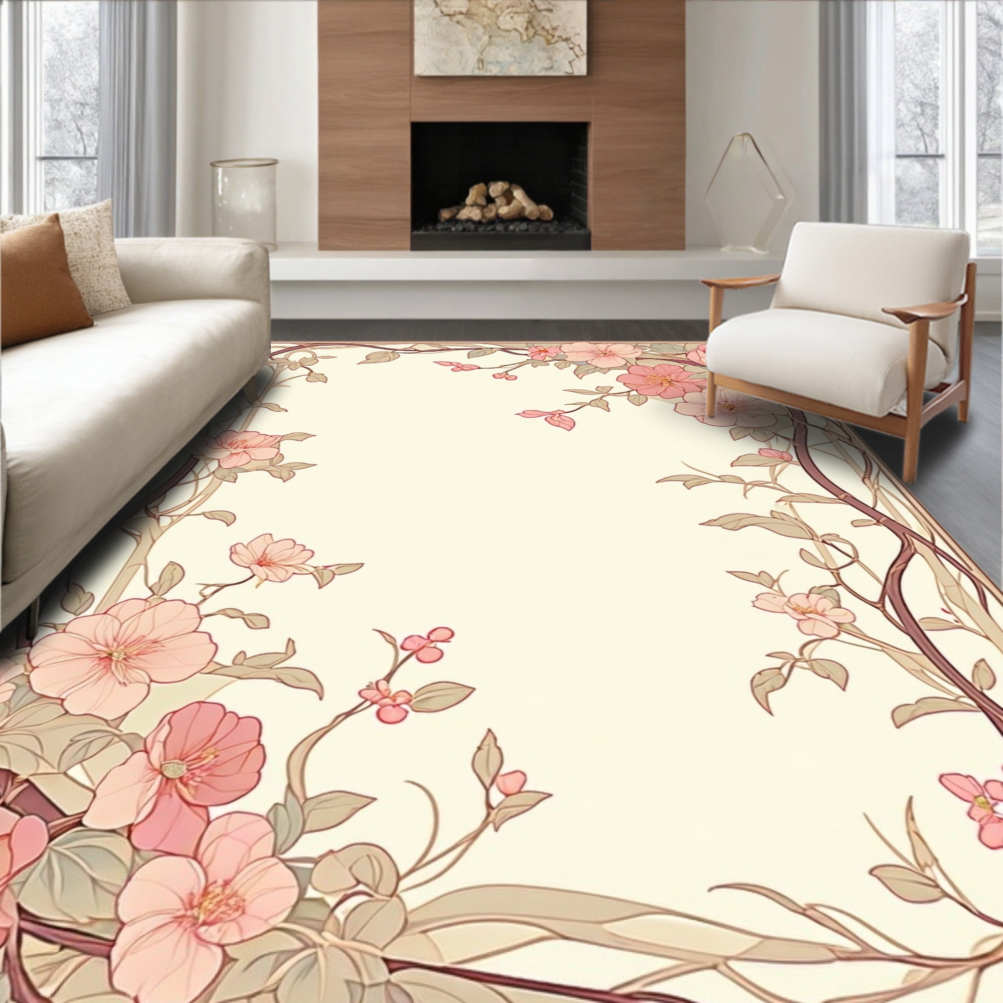 Flatwoven High Traffic Area Rug, Art Nouveau Whimsical Vine and Blossom ...