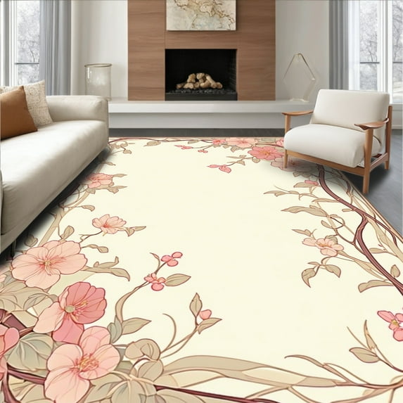 Flatwoven High Traffic Area Rug, Art Nouveau Whimsical Vine and Blossom ...