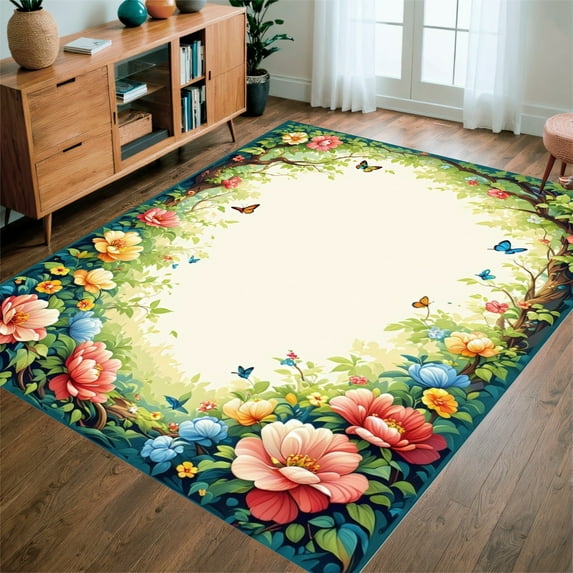 Flatwoven High Traffic Area Rug, Artistic Bloom Round Floral Fantasy ...