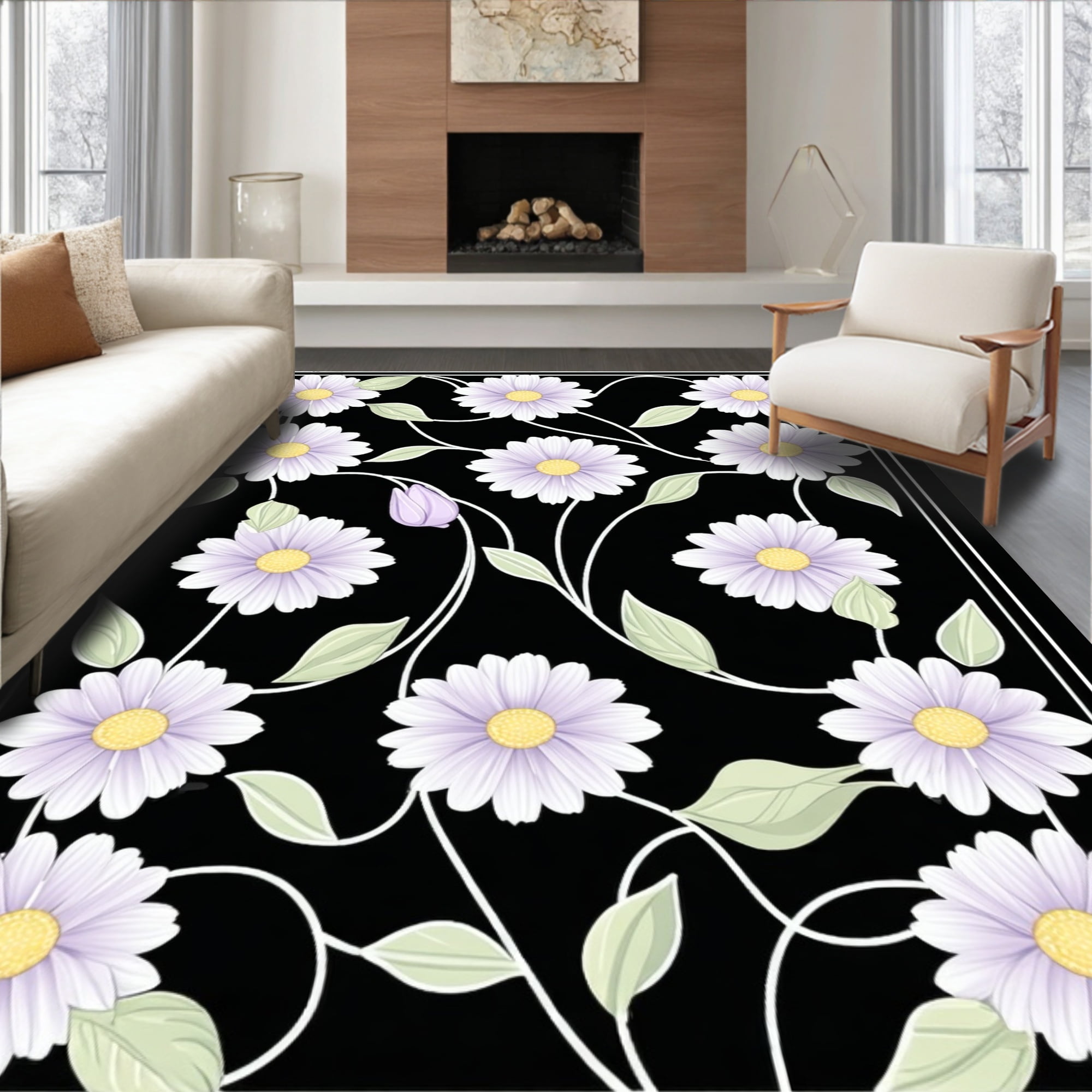 Flatwoven High Traffic Area Rug, Artistic Botanical Featuring Daisy and ...