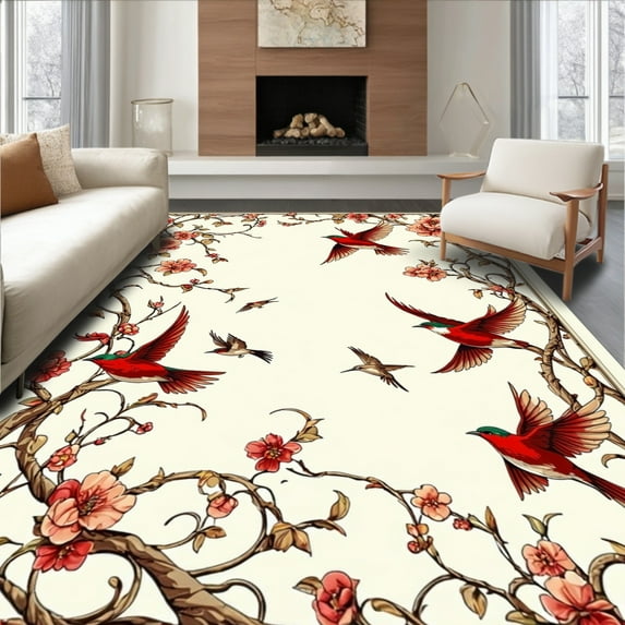 Flatwoven High Traffic Area Rug, Artistic Feathered Songbird with ...